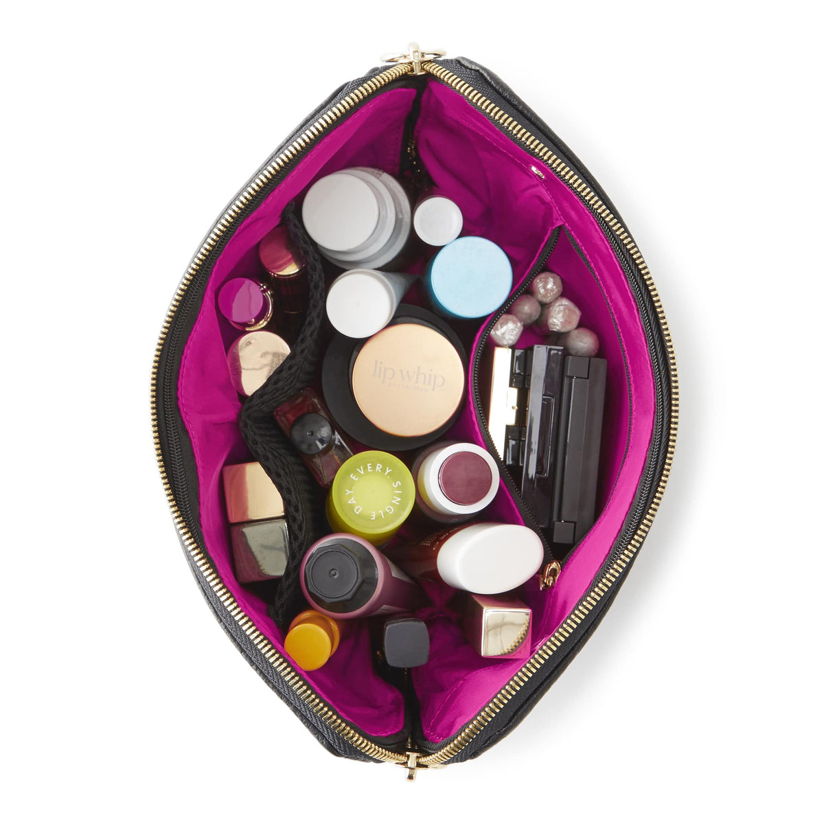 KUSSHI Signature Makeup Bag Black Leather with Pink Interior | Figgy Co.